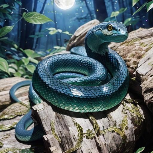 a snake with translucent scales that sparkle like glass, slithering ...