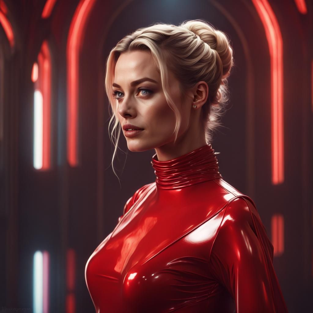 Margot Robbie with loose bun, wearing a shiny sci fi red latex dress in a dimly lit Star Wars ...