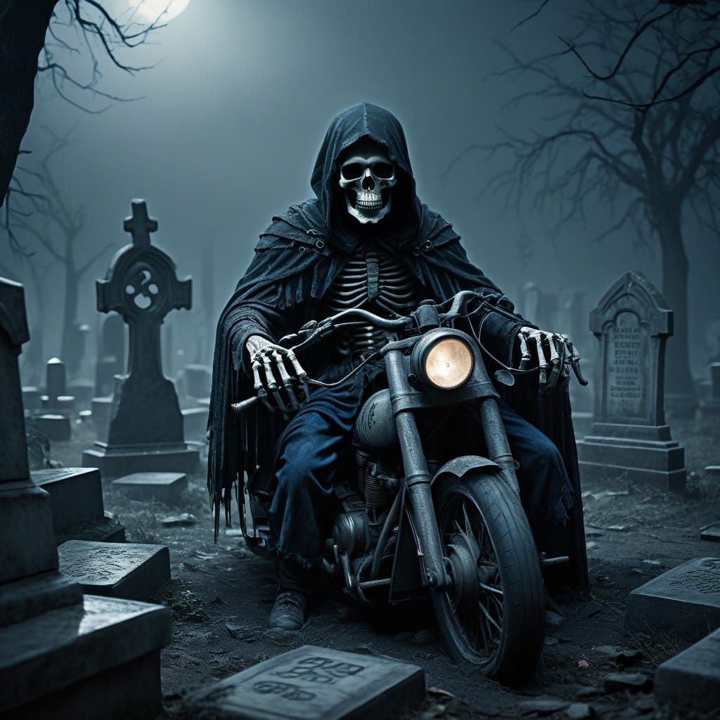 Gothic Skeleton Rides Cyberpunk Motorcycle in Dark... - AI Art