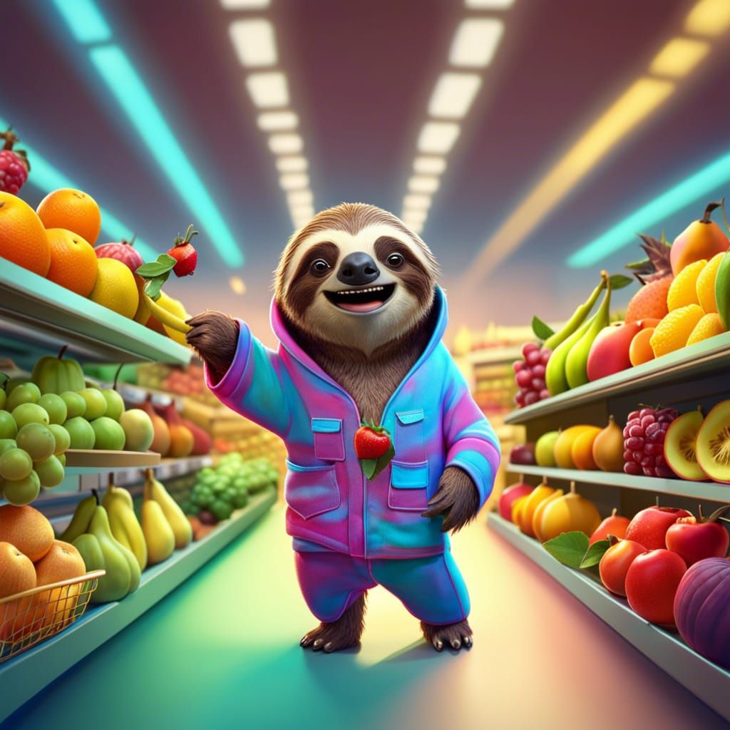 Sloth 🦥 shopping 🍅🍑🍒🍊🍈🥥🍌 - AI Generated Artwork - NightCafe Creator