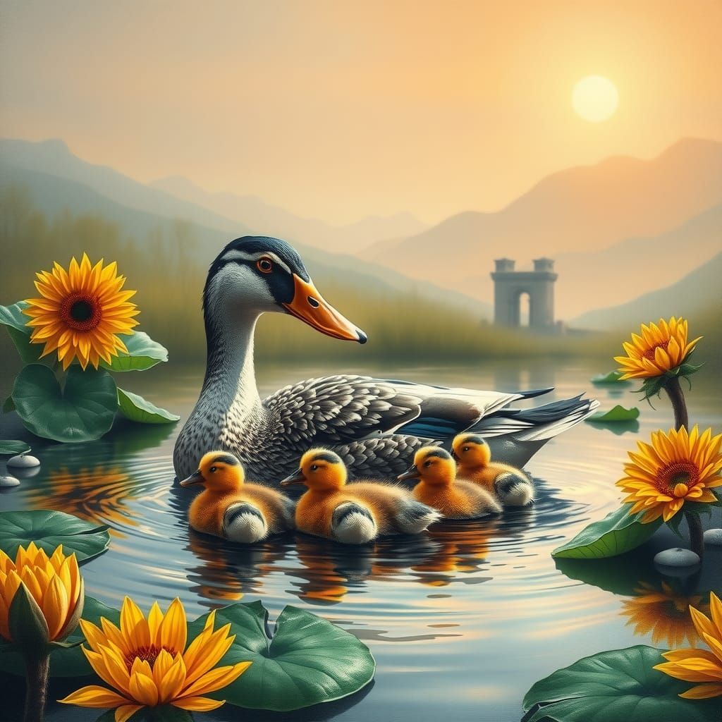 Duck and Her Ducklings on a Serene Pond - AI Generated Artwork - NightCafe Creator