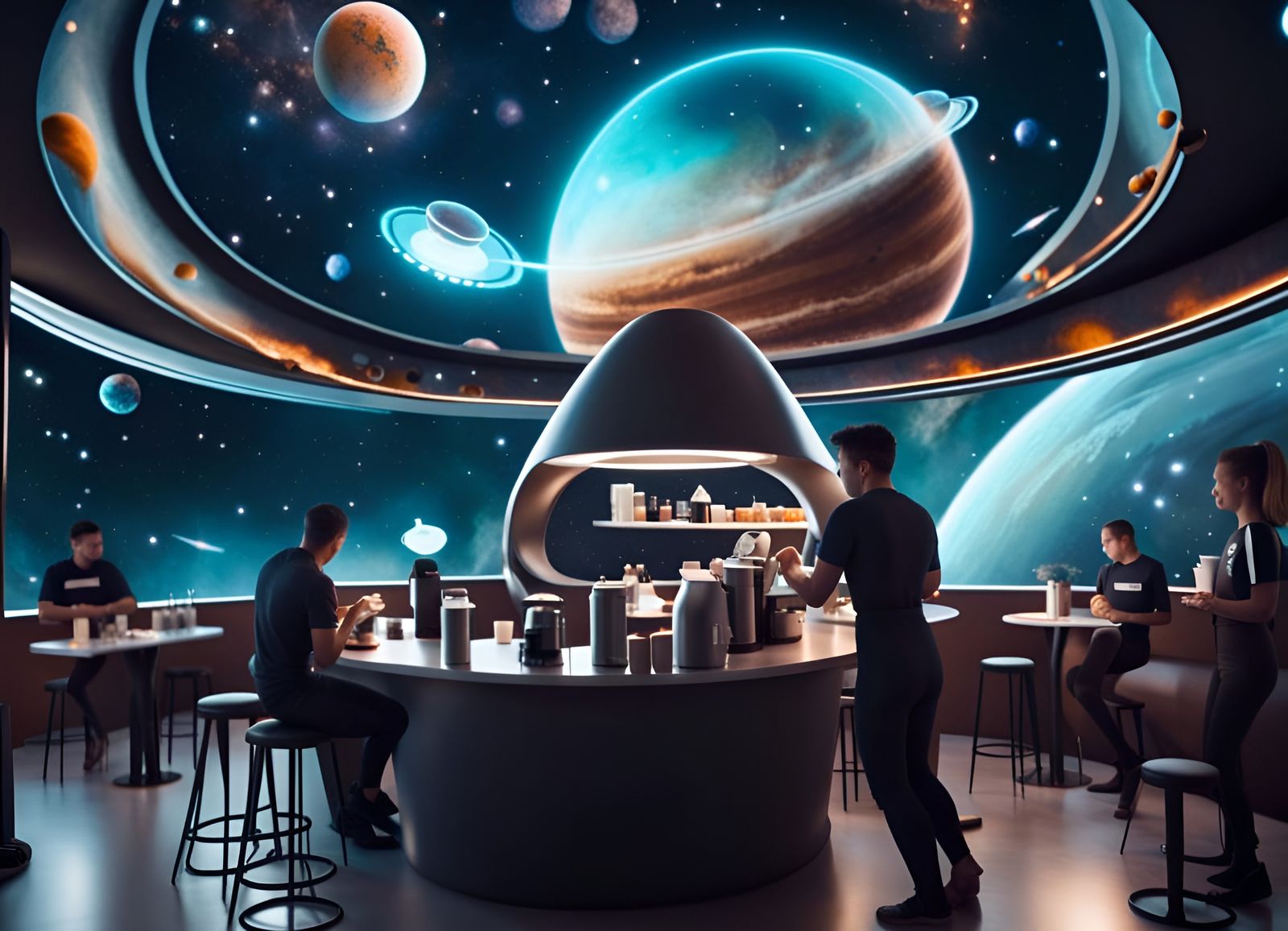 Coffee Shop in Space, swirling nebulae as the backdrop, futuristic ...