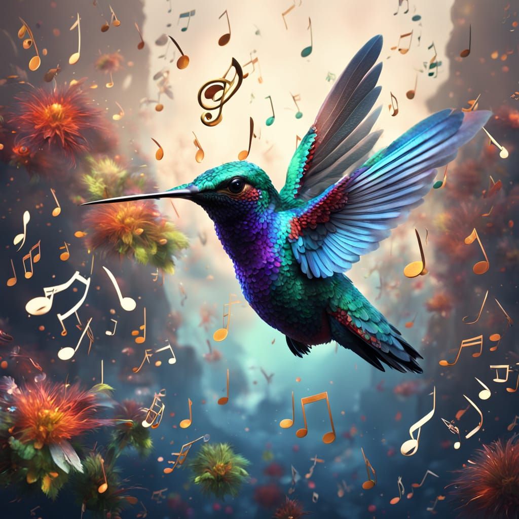 Fantastical Hummingbird Made of Vibrant Musical No... - AI Art