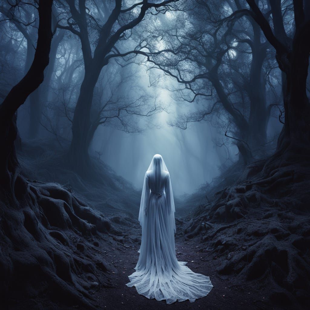 woman in spectral white - Woman in Ethereal White: Dark Surr...