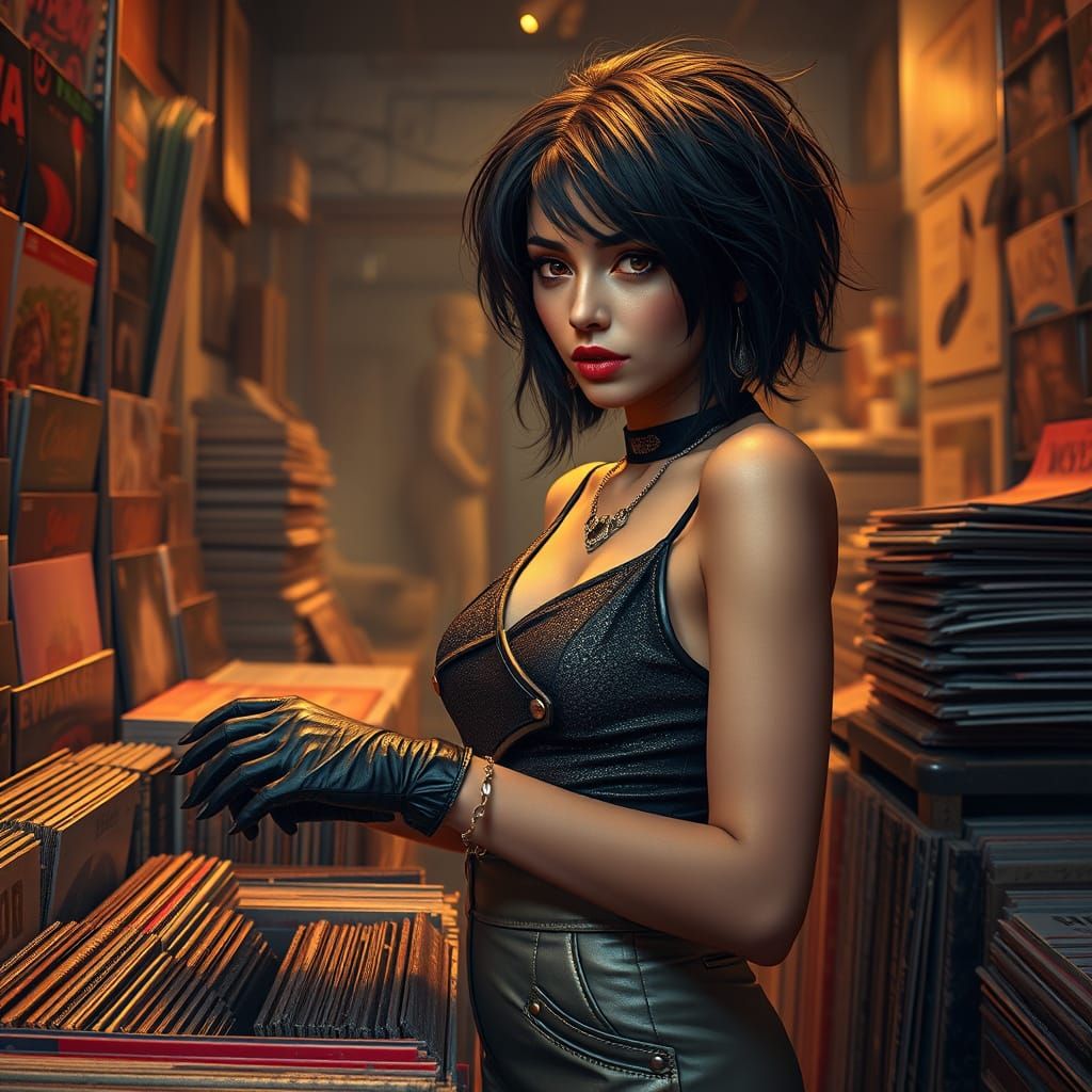 star trek woman , at a music store, flipping through vinyl records ...