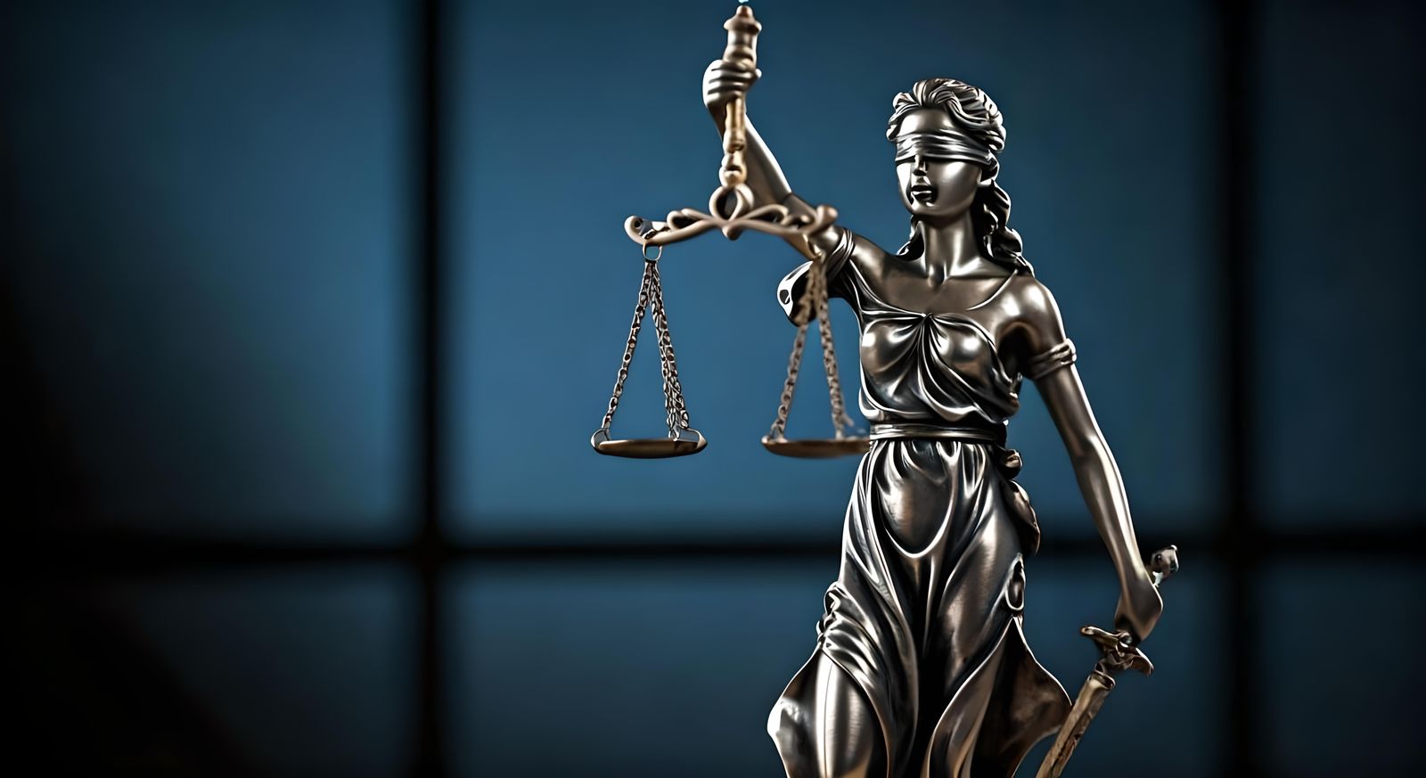 Silver Statue of Lady Justice holding scales and sword in arms.