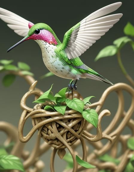 intricate bone carving of hummingbird within vines background depth ...