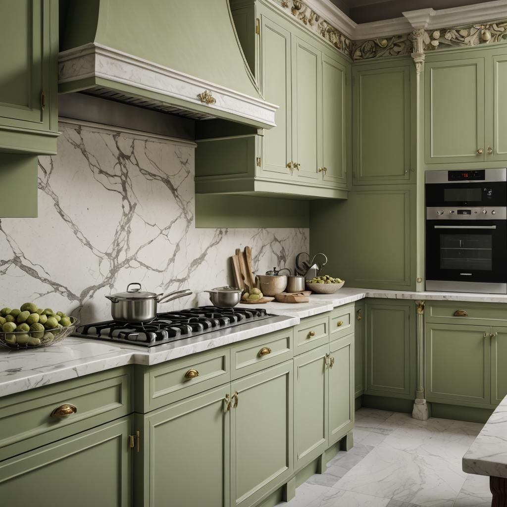 pistachio green sleek italian kitchen, white stone cabinets - AI ...