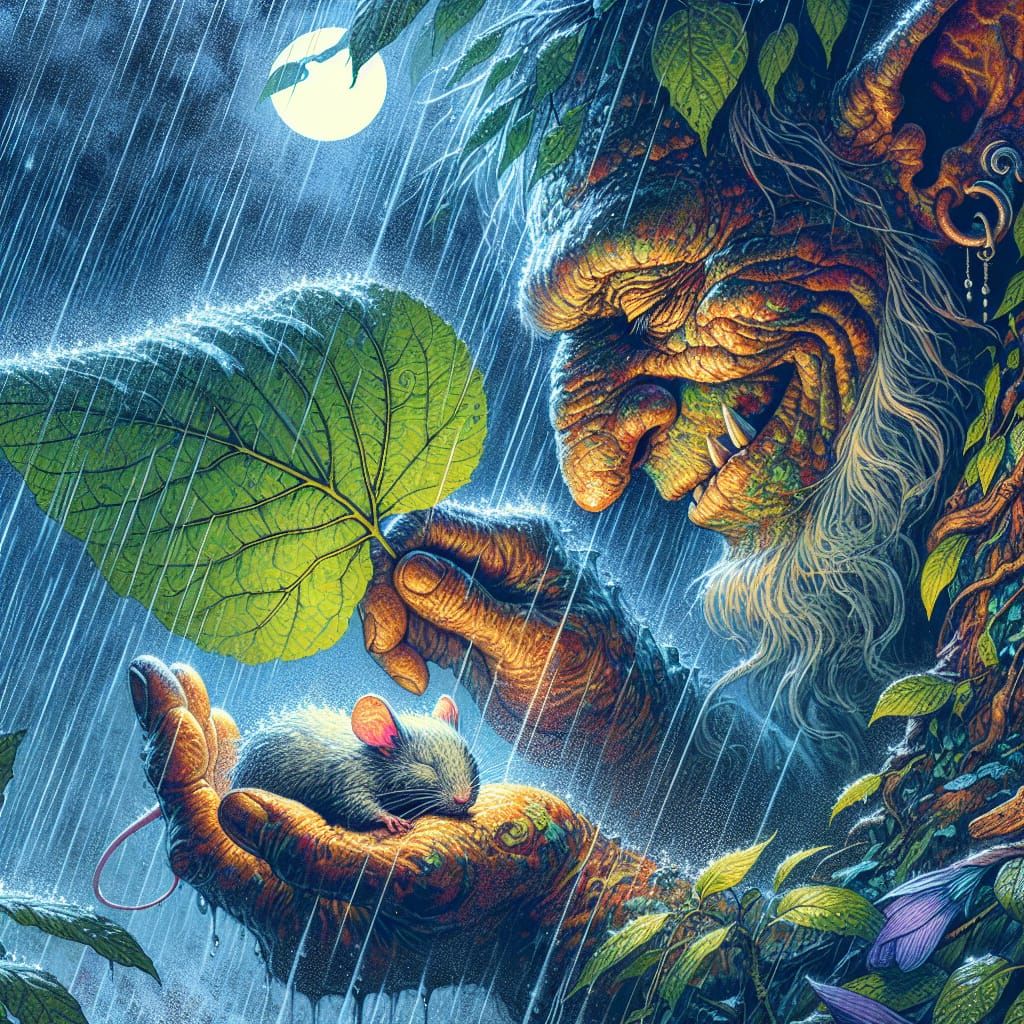 Ogre holding a leaf over a sleeping mouse