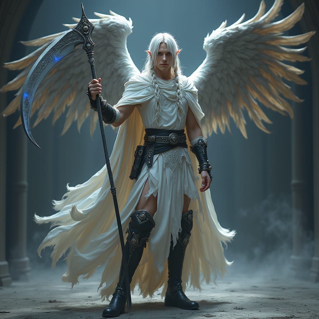 Angelborn Warlock with Scythe in Ethereal Robes - AI Art