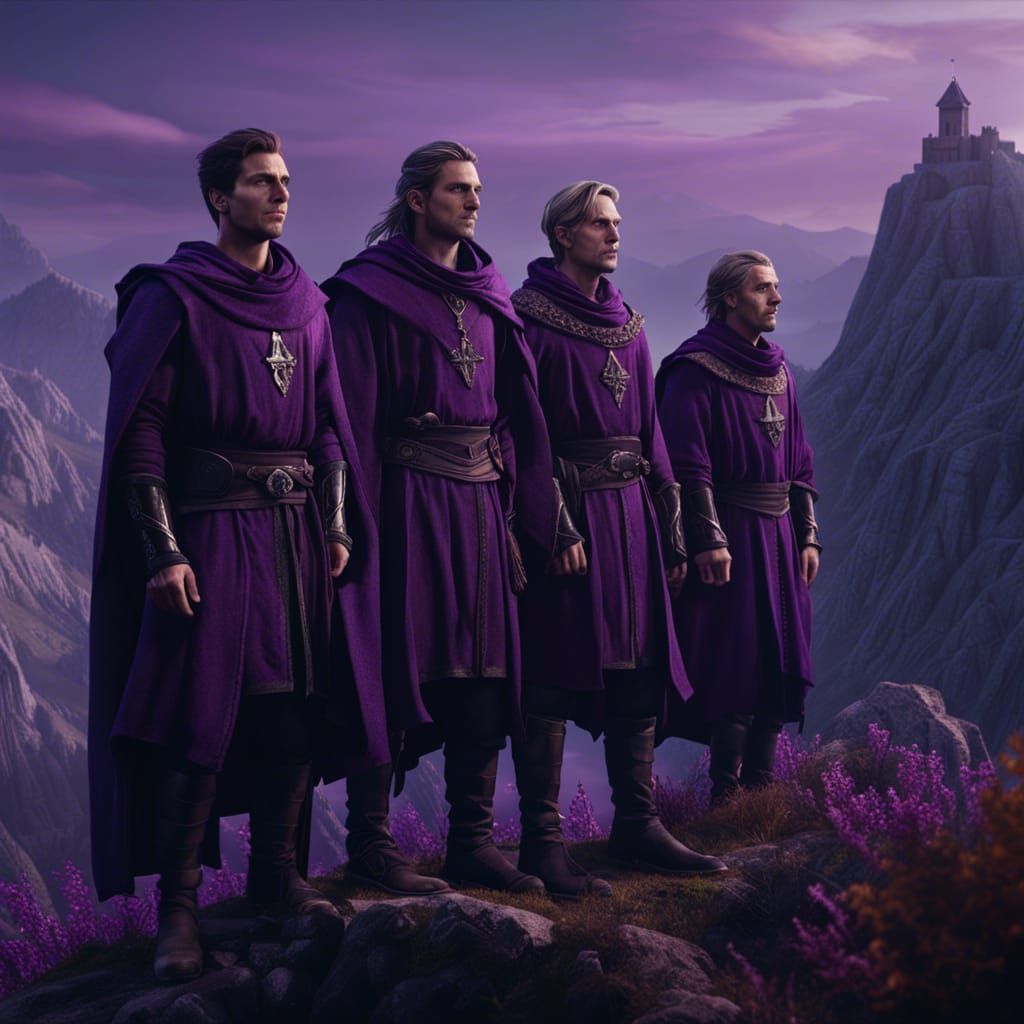 Portrait of a group of young Caucasian male warlocks standing on the ...