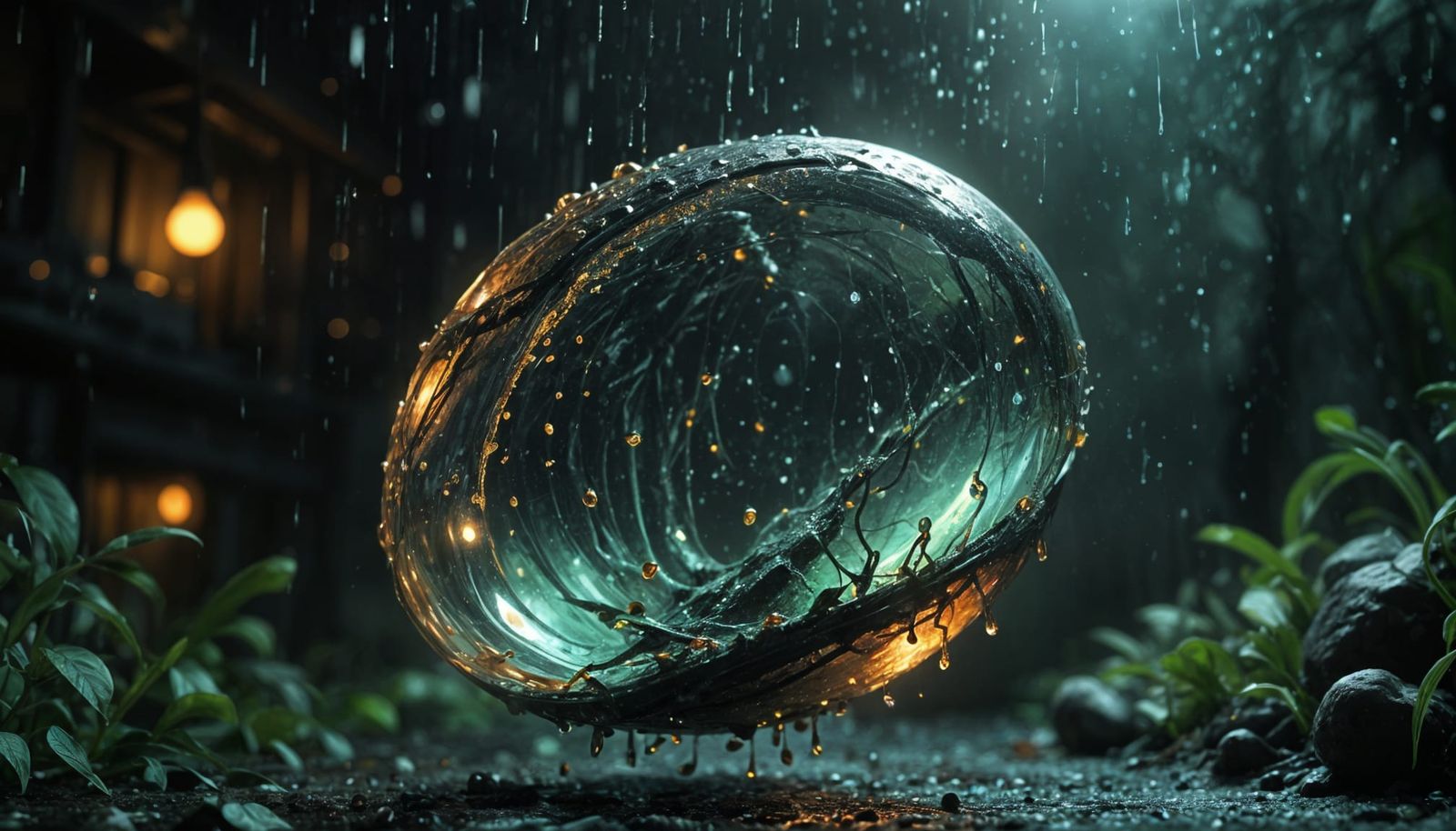 Translucent Alien Cocoon Glows with Amber and Gree... - AI Art