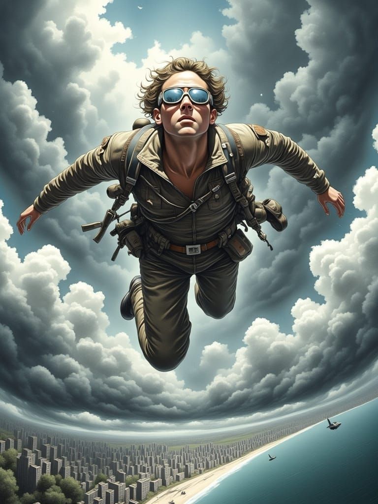 Sky diver - WWII Parachutist in Free Fall Over Normandy