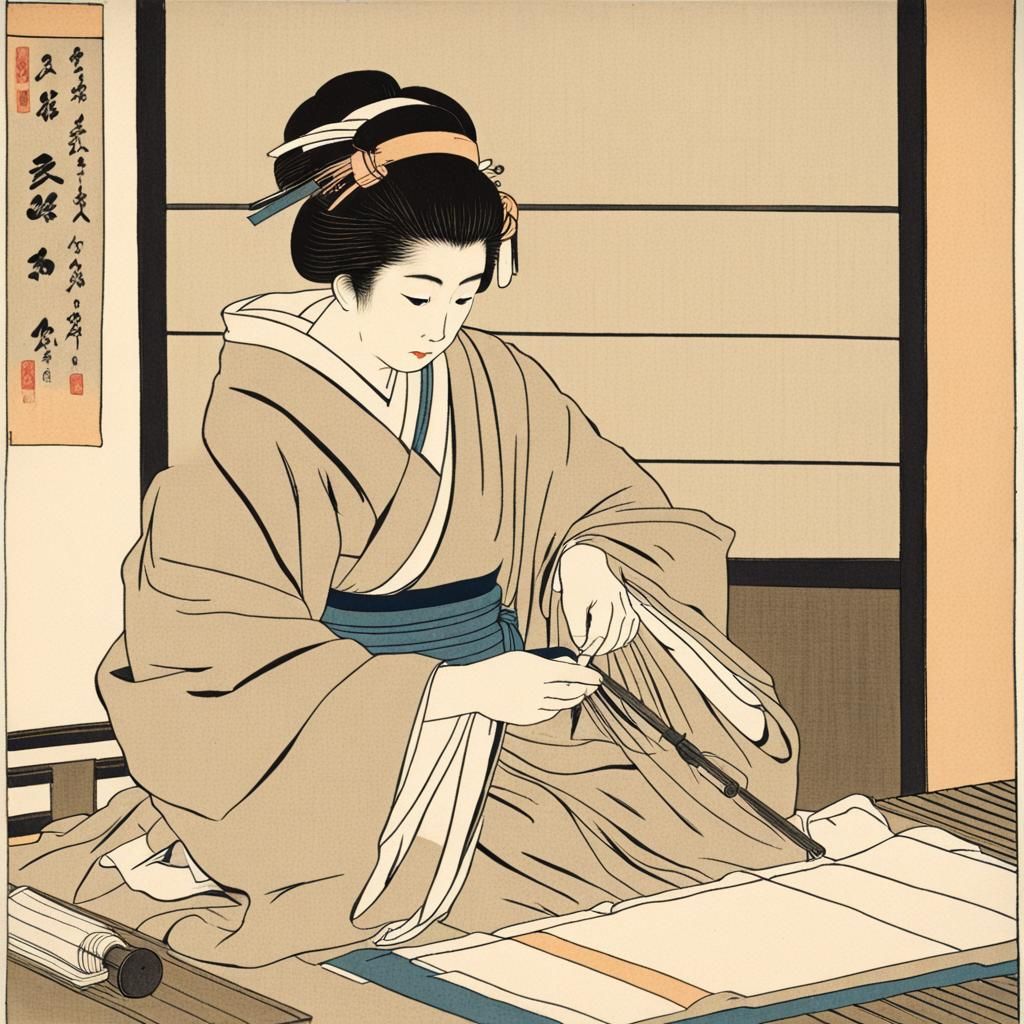 tailor making a kimono , Ukiyo-e - AI Generated Artwork - NightCafe Creator