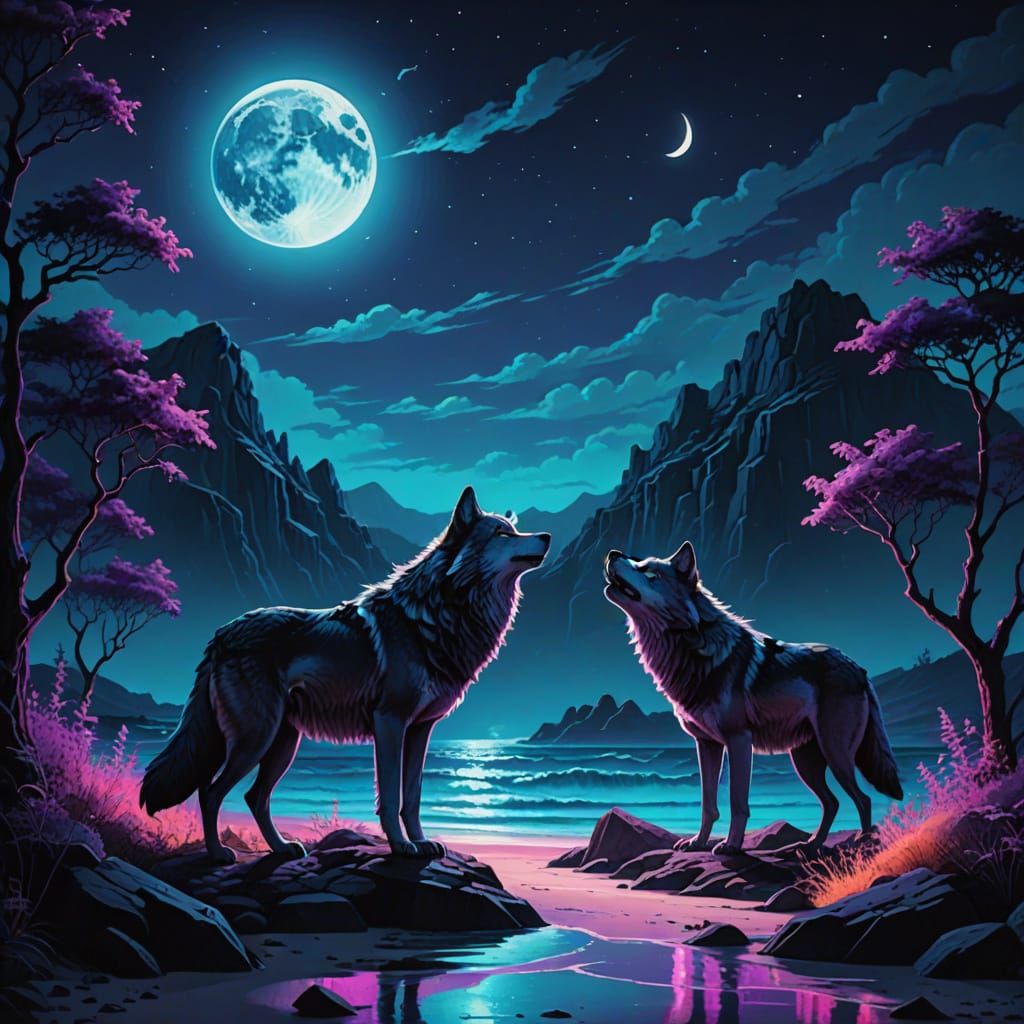 2 Wolves - Neon Wolves Howl at the Moonlit Beach