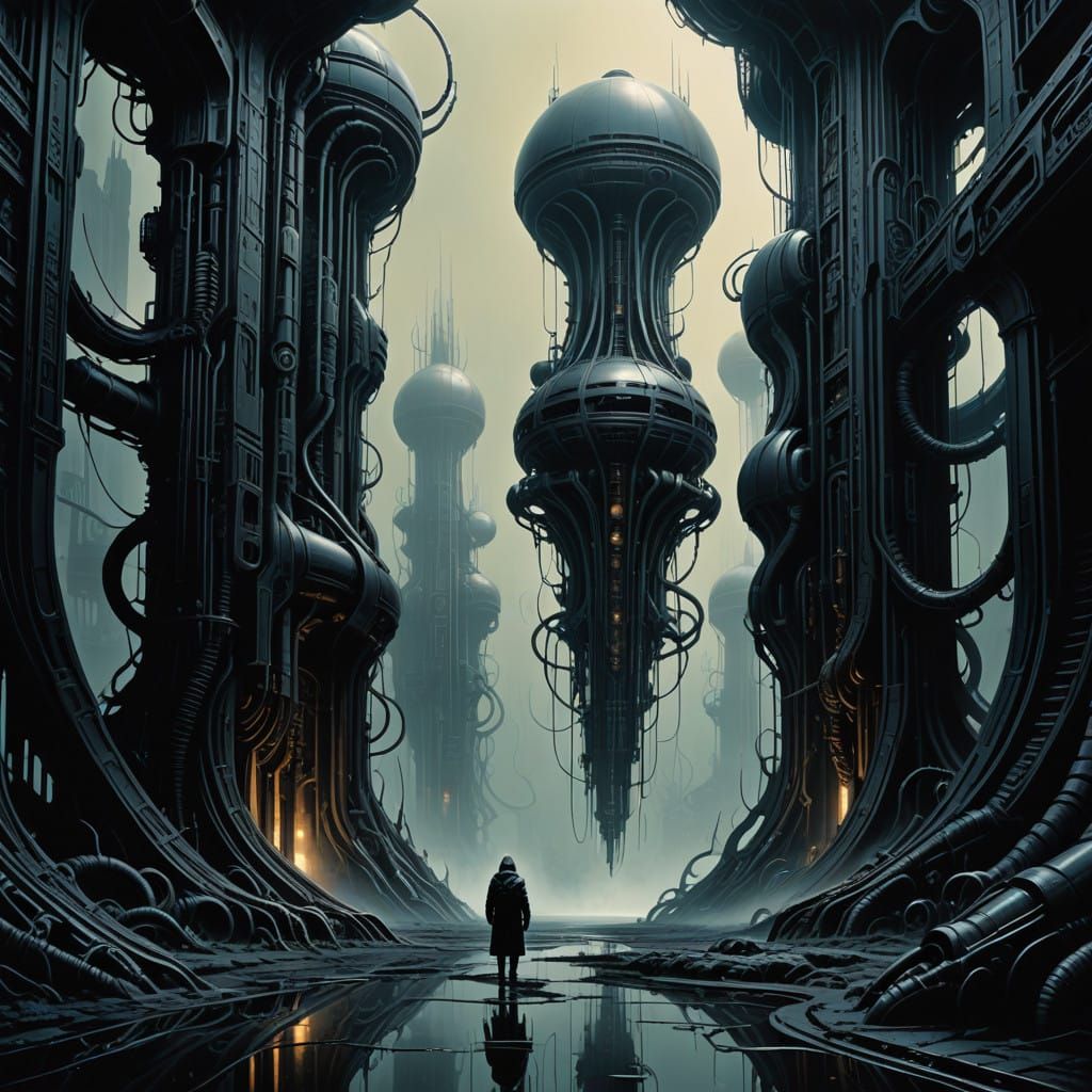 Shrouded Figure in Dark, Industrial Landscape - AI Art