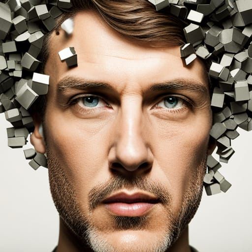 close-up tiny disintegrating tessellated cubes, disintegrating man's ...