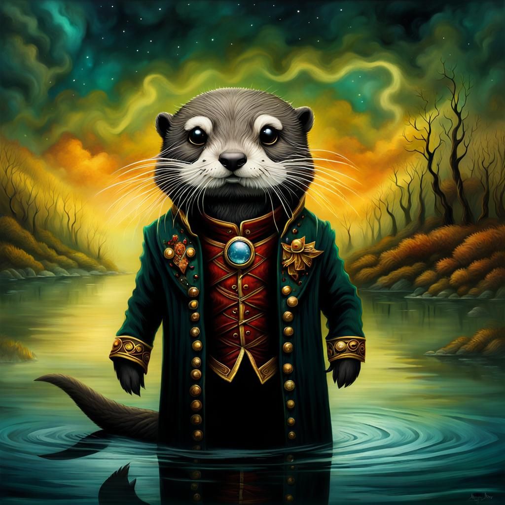 A battle otter walking on a turbulent lake in a magical fantasy world ...