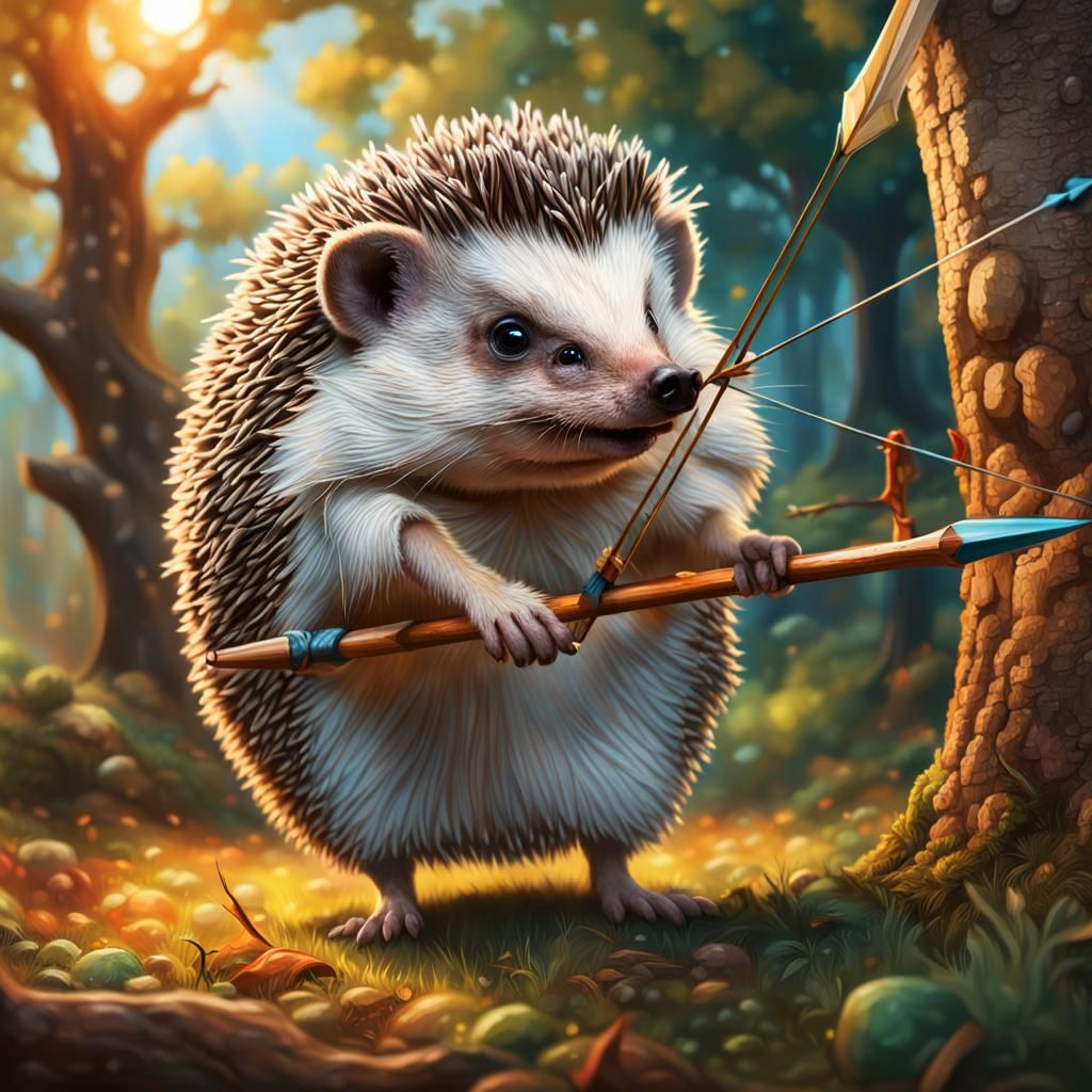 Hedgehog shooting a bow and arrow at a target on an oak tree. Realistic ...