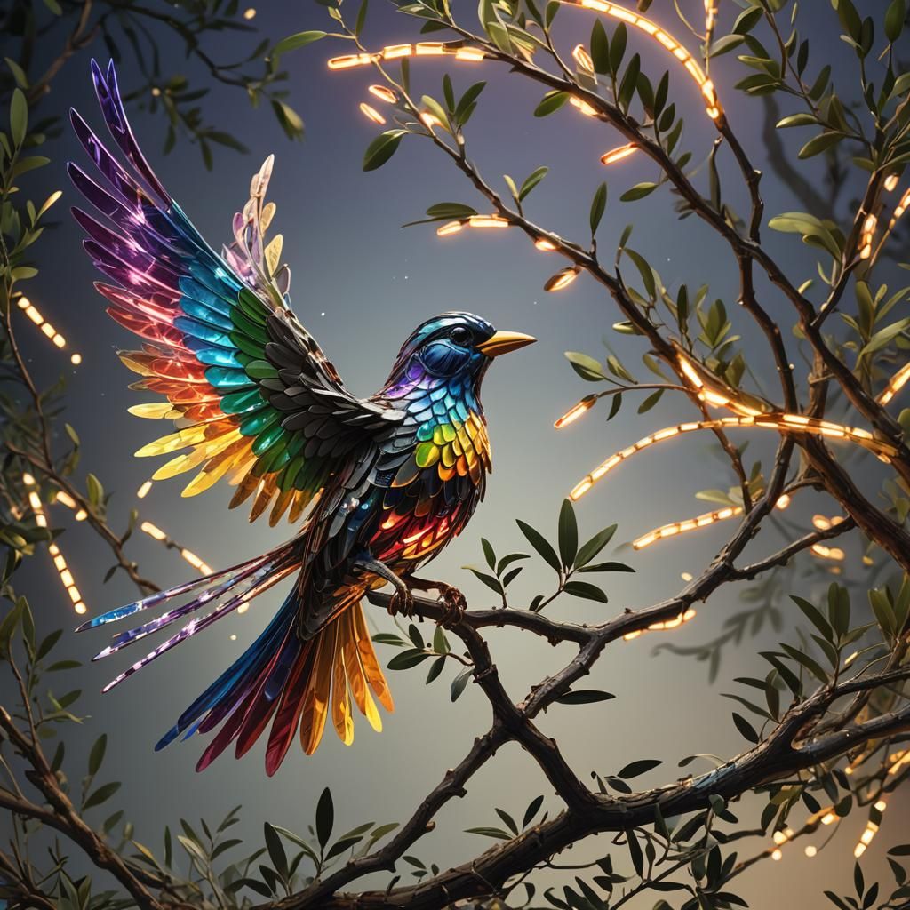 a beautiful bird made from LED strips in multicolour, flapping wings ...