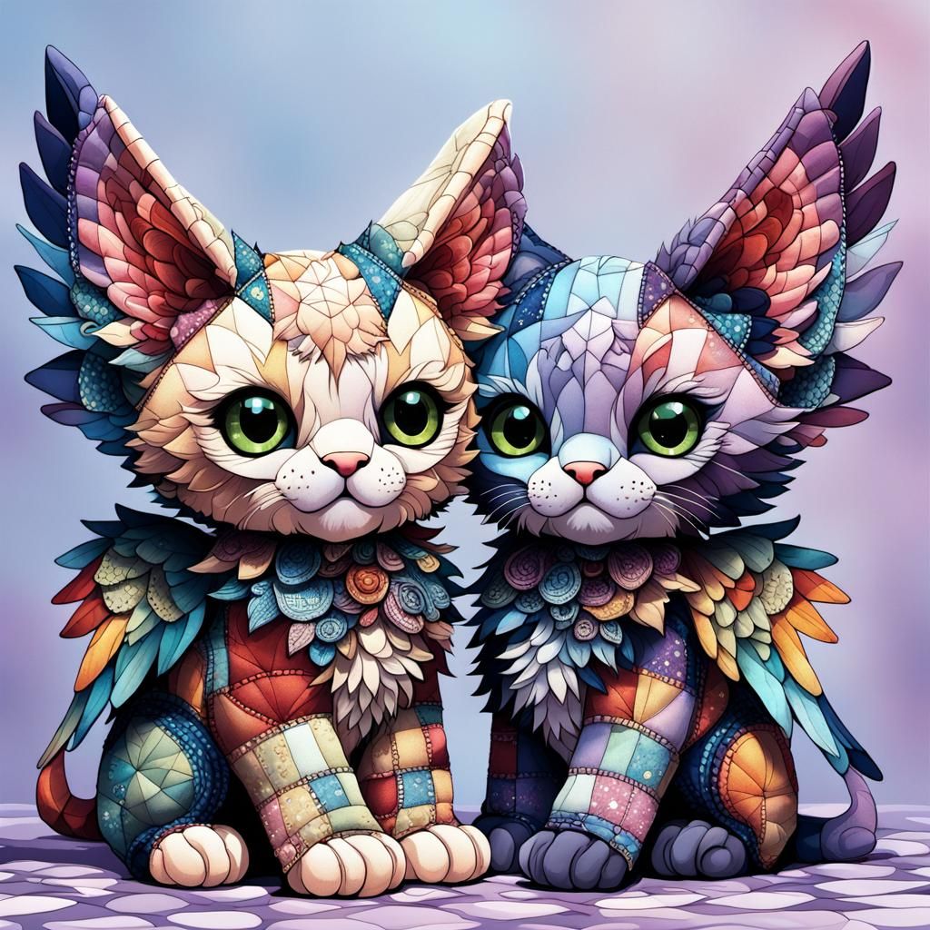 two cute patchwork winged kittens - AI Generated Artwork - NightCafe Creator