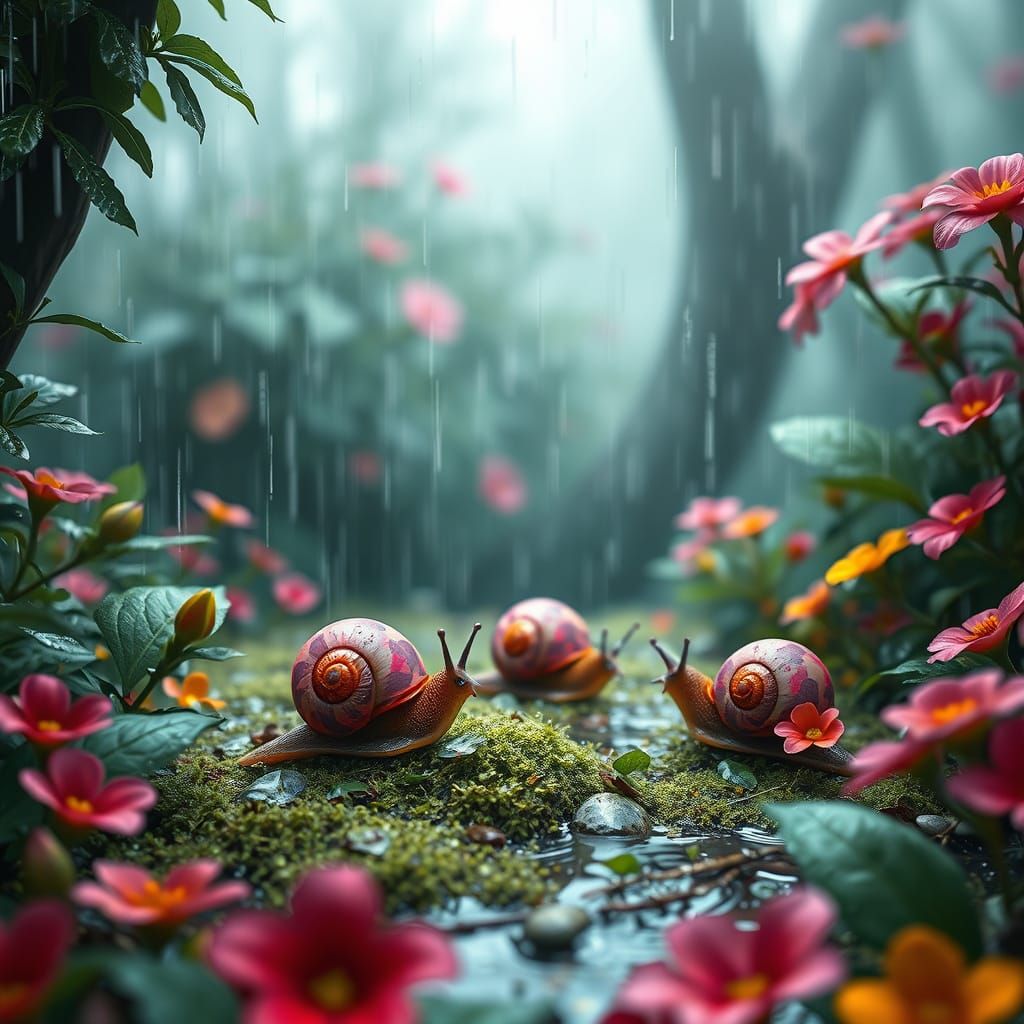 Fantastical Snails in Enchanted Rainforest - AI Art