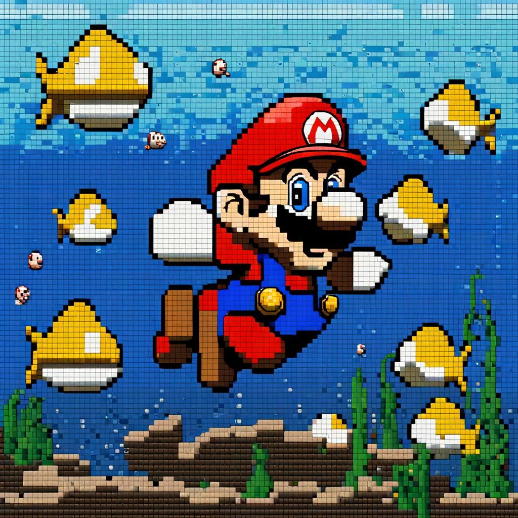 super mario with cheep cheeps bloopers in underwater water level mosaic ...