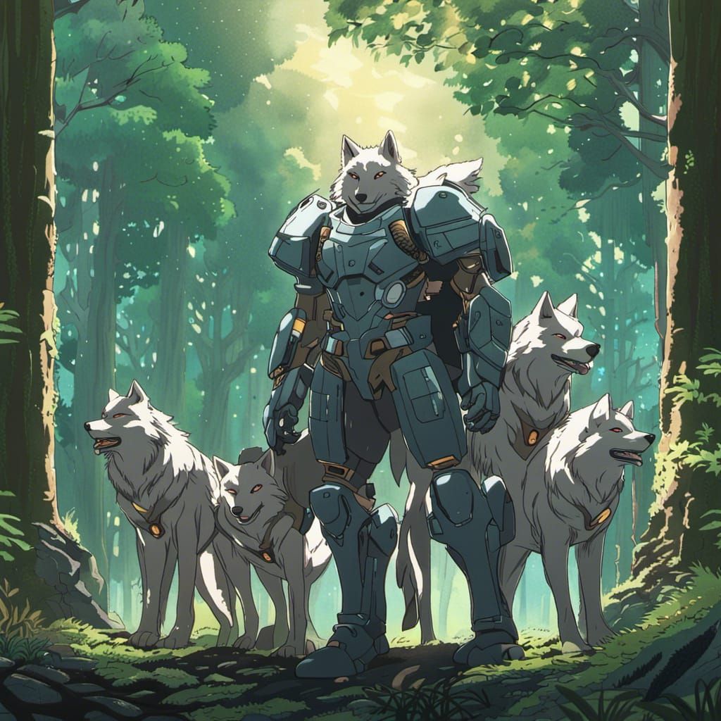 cyber wolf wearing armor in a forest standing in front of a pack of ...