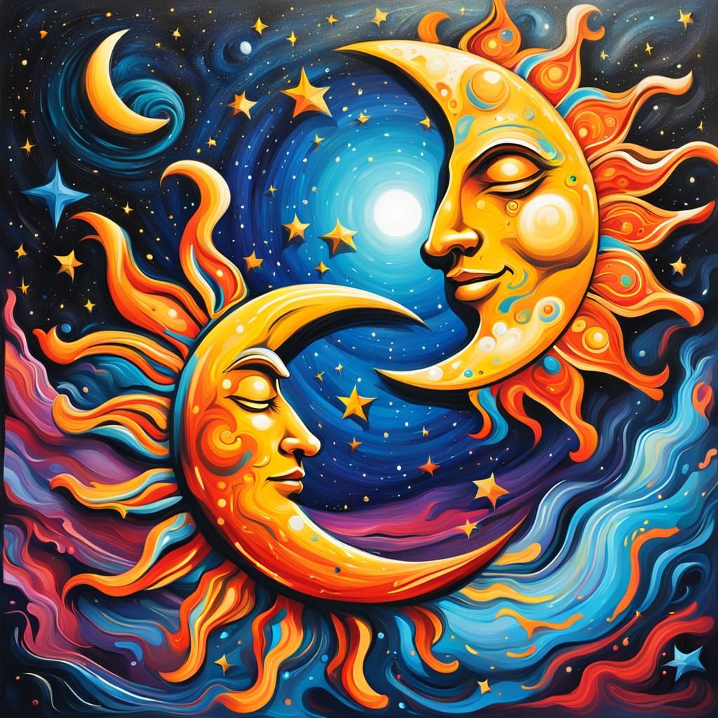 Abstract sun and moon dancing on a starry dusk sky - AI Generated ...