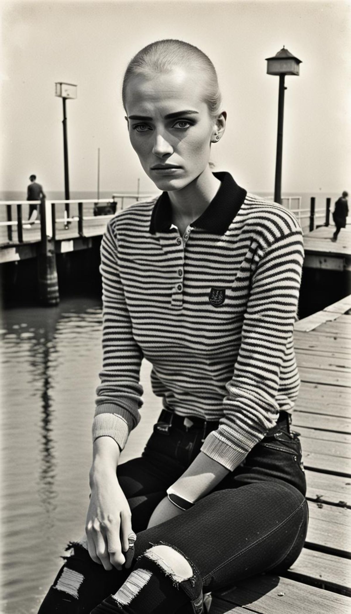 skinhead young girl sitting on a beach pier in Hasting - AI Generated ...