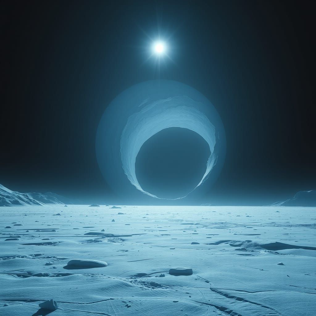 Icebound Moon Vorran Under Distant Starlight - AI Art