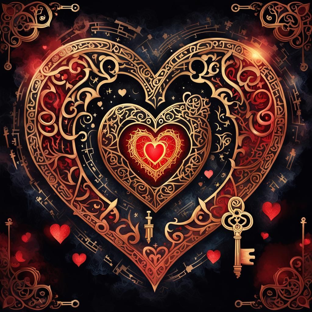 a glowing red heart (glowing runes), with a golden key in the heart ...