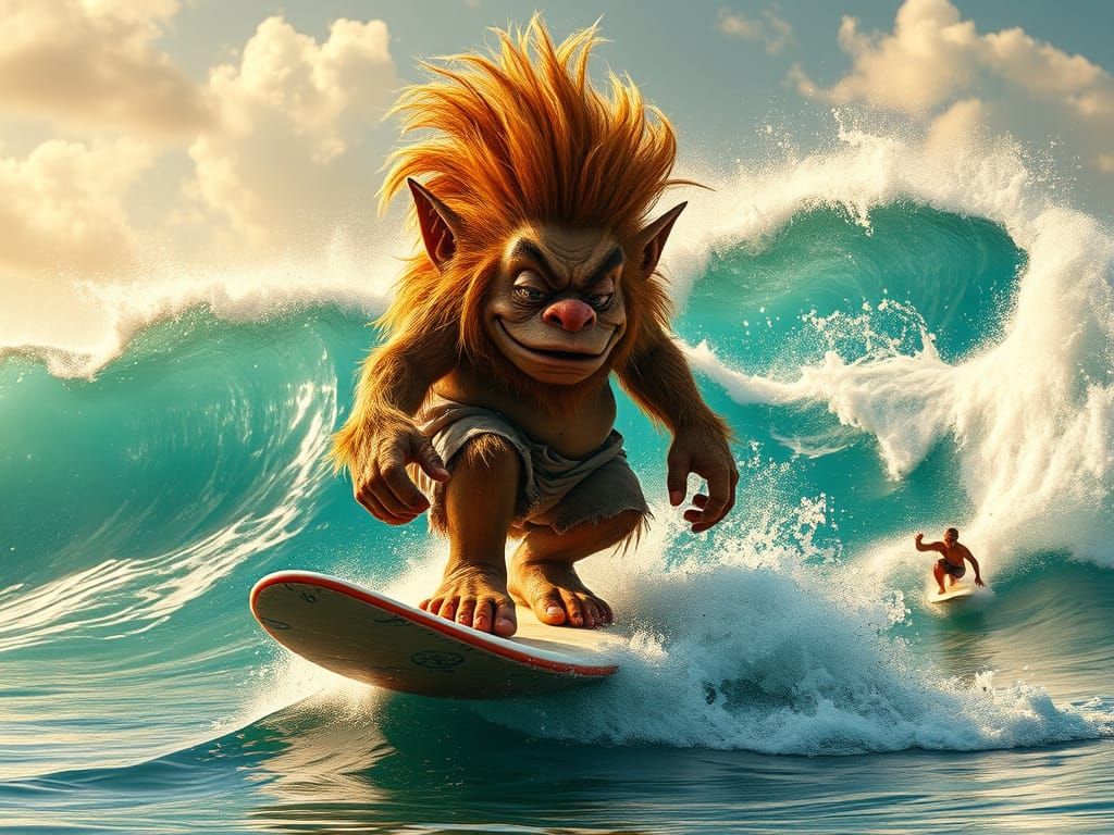 Colossal Troll Surfs Turquoise Waves in Tropical P... - AI Art
