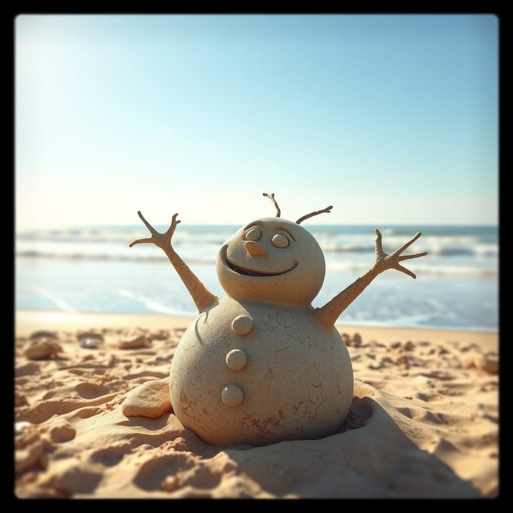 Whimsical Sand Snowman Sculpture in a Tropical Par... - AI Art