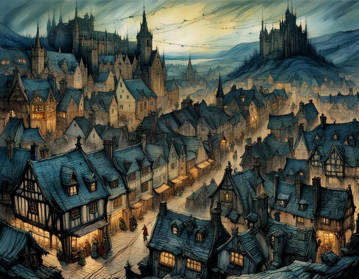 Whimsical Medieval Townscape in Deep Noctilucent C... - AI Art