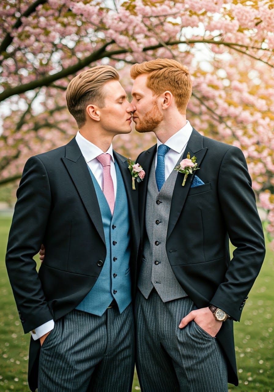 Spring Wedding - Grooms in Love Under Cherry Blossoms