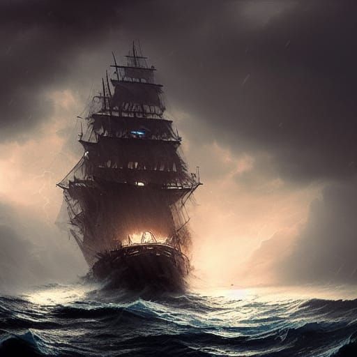 a scary pirate ship sailing on the ocean in a huge storm - AI Generated ...