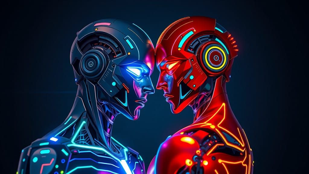 Vue lointaine et du bas sur le corps entier de deux cyborgs futuristes ...