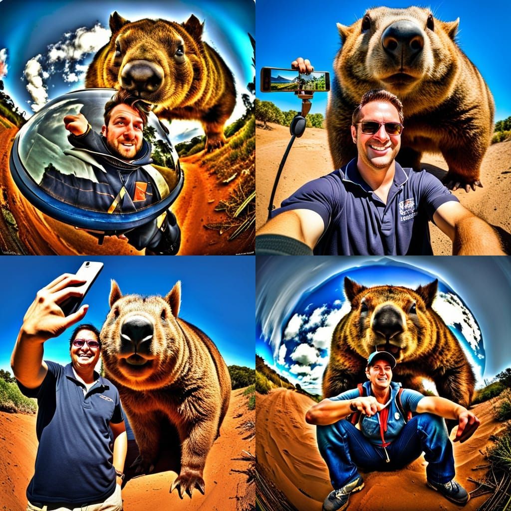 a person taking a selfie next to a giant wombat, lighting HDR fisheye ...