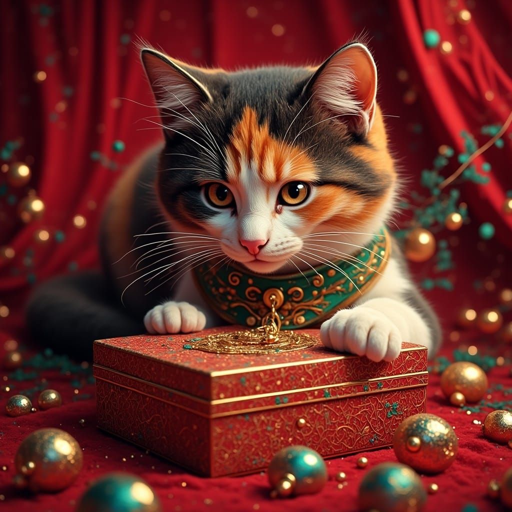 Fancy - Whimsical Calico Cat Investigates Christmas Ornament...