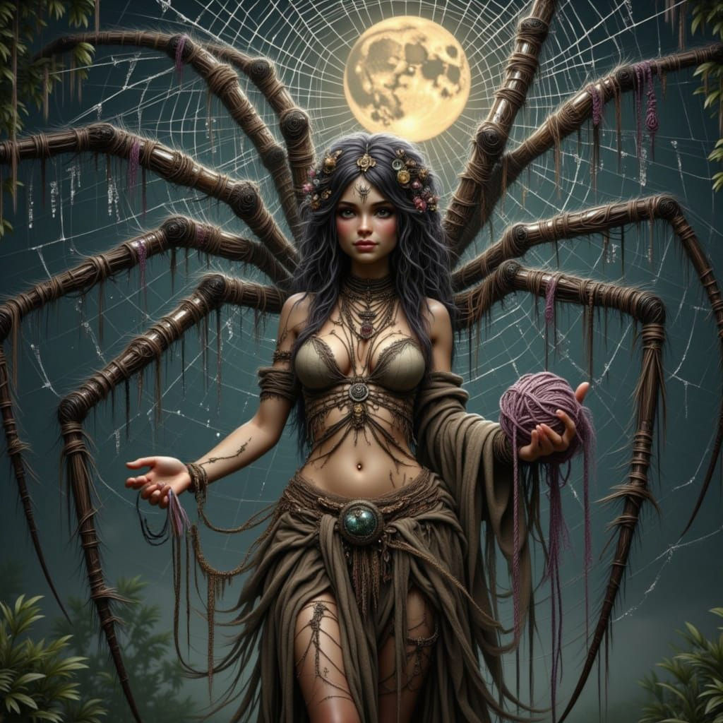 Arachne 3 - Mystical Drider Weaving Web in Moonlight