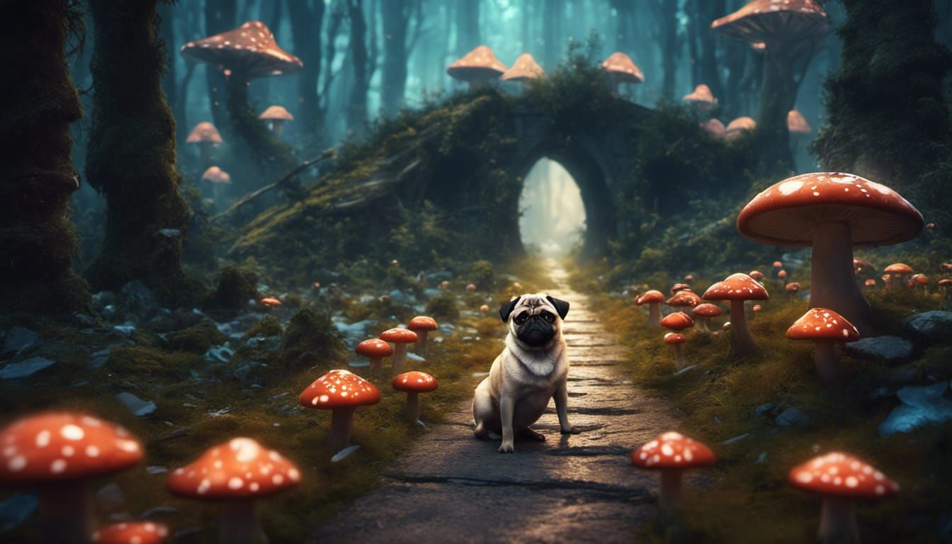 Pug in a Mushroom Forest - AI Generated Artwork - NightCafe Creator
