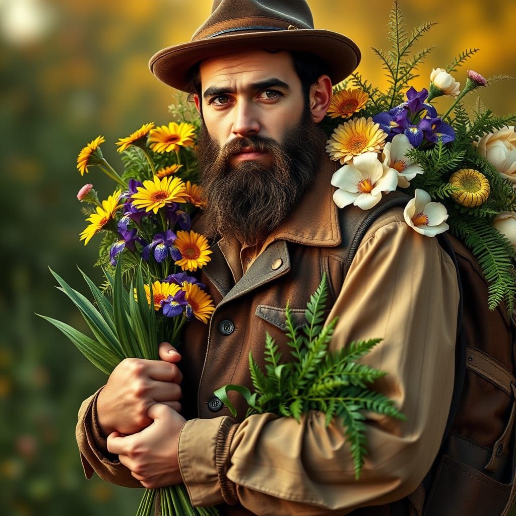 Vintage Explorer Amidst Whimsical Florals in Earth... - AI Art