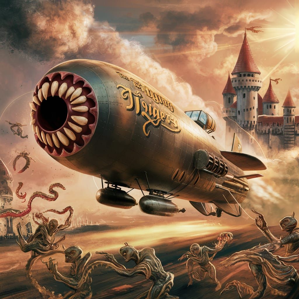 Steampunk Zeppelin Soars Over Panicked Alien Castl... - AI Art
