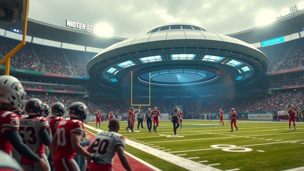 alien craft landing on the football field at the Super Bowl. Non Human ...