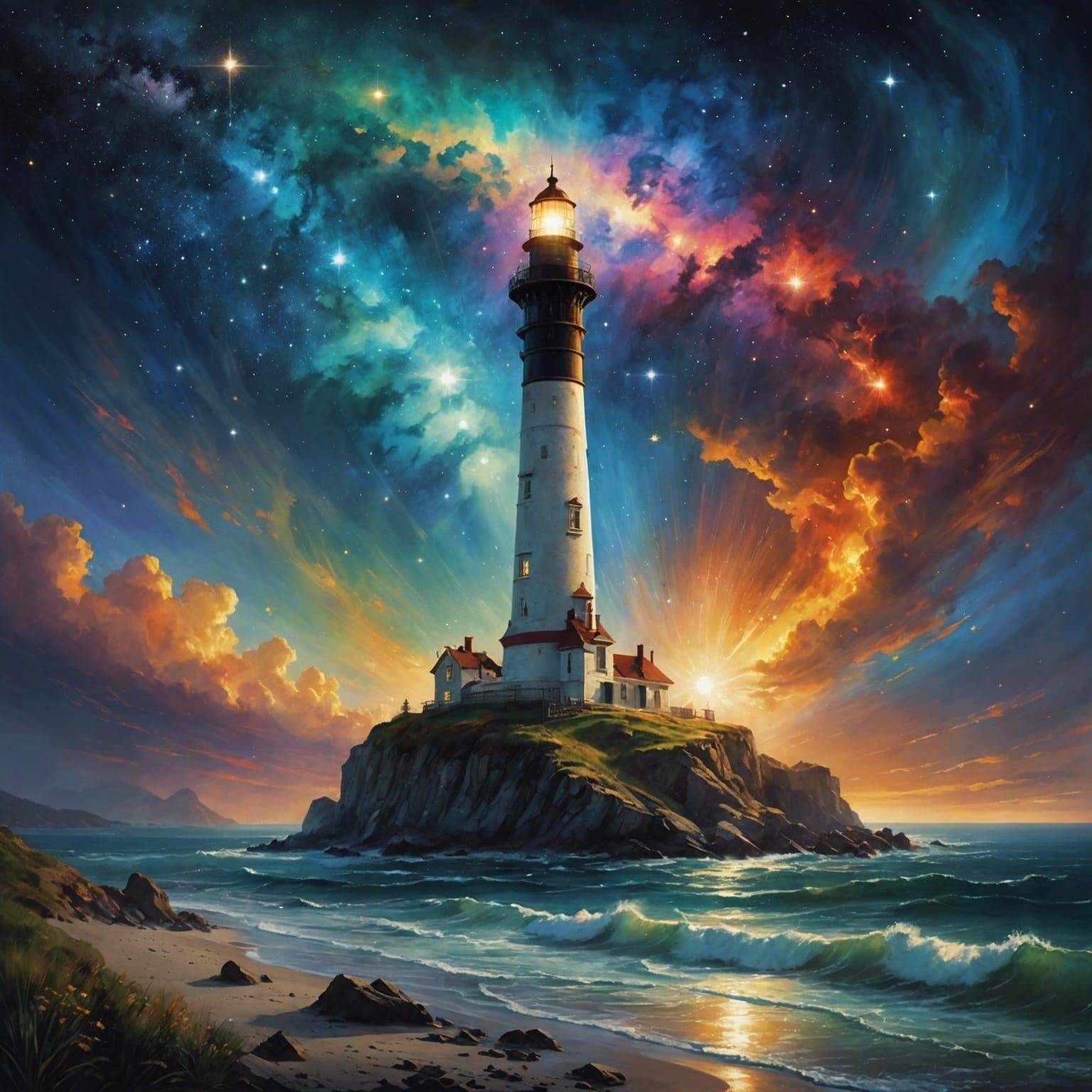A colorful nebula behind the lighthouse #2 - AI Generated Artwork ...