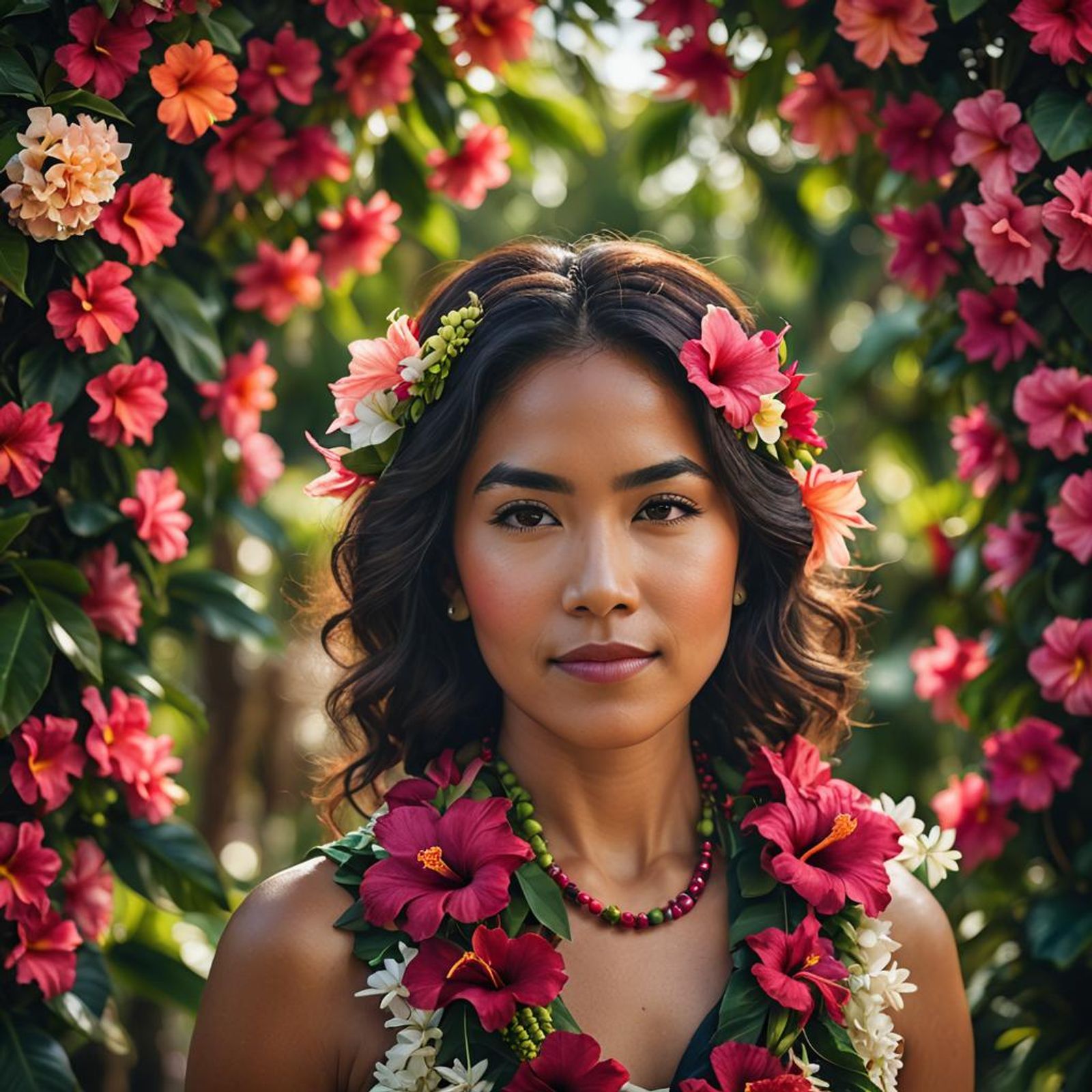 ultrarealistic beautiful portrait of Hawaiian woman with big Hawaiian Hibiscus floral lei around ...