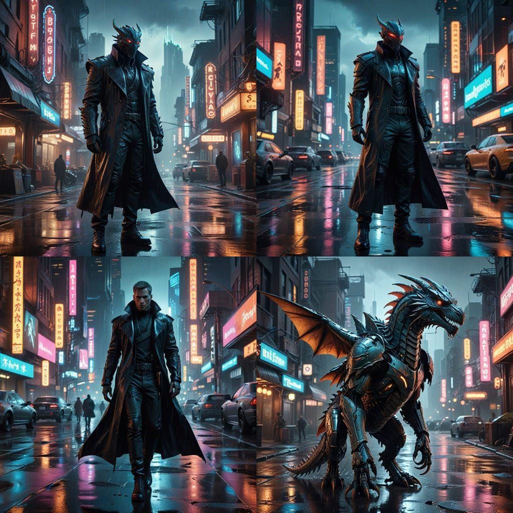 Cyberpunk Dragonkin Protagonist in a Rainy City - AI Art