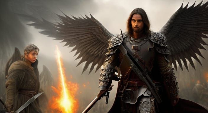 "army of angels in battle, post-apocalyptic" (((angel warriors with two ...