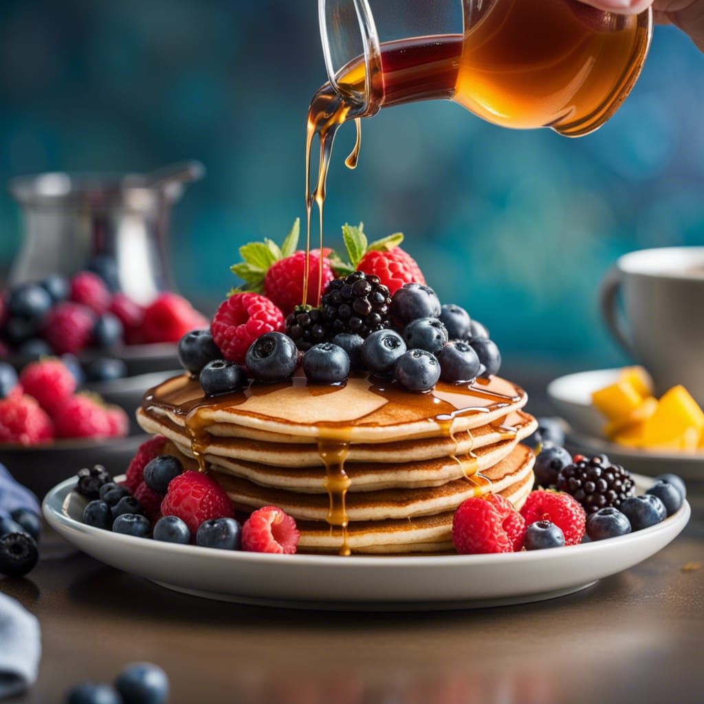 Capture a stack of fluffy malted pancakes topped with a vibrant ...